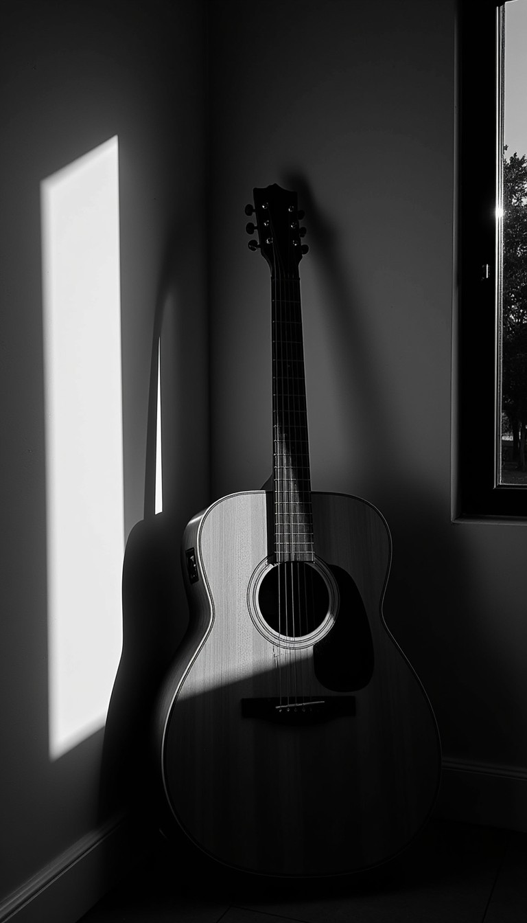 Free Shadow and Strings Image - Guitar, Acoustic, Monochrome | Download at StockCake