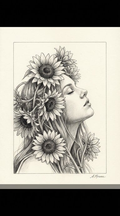 Free Sunflower Crown Portrait Image - Woman, Portrait, Graphite ...