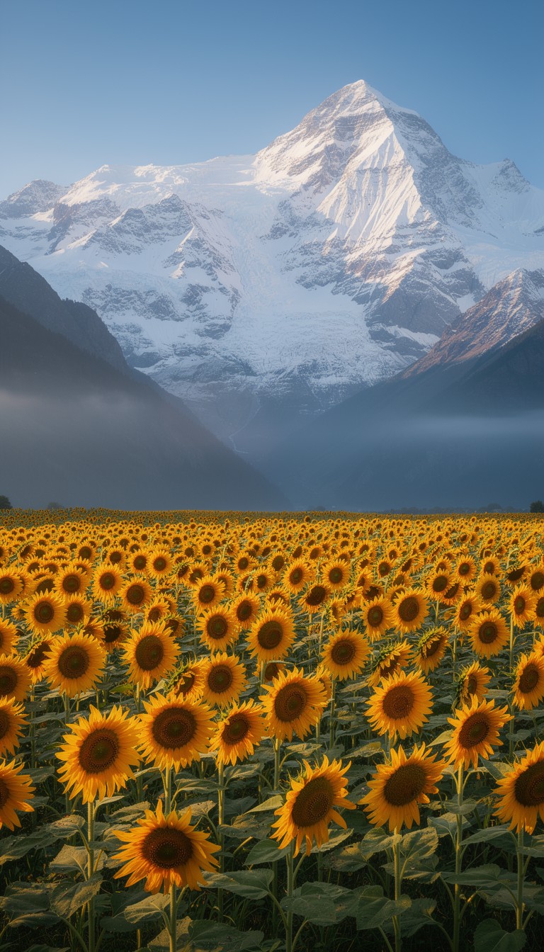 Free Sunflowers Meet Mountains Image - Sunflowers, Mountains, Snow ...