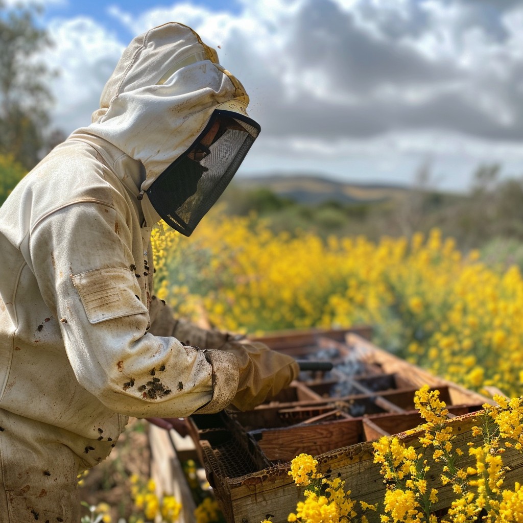 Free Beekeeper Inspecting Hive Photo Beekeeper Hive Wildflowers